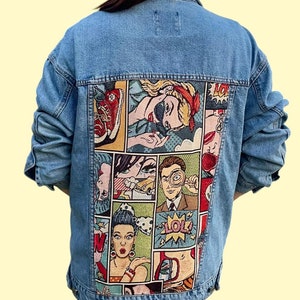 Customized Denim Jacket With Pop Art and Comic Books - Handmade Women's ...