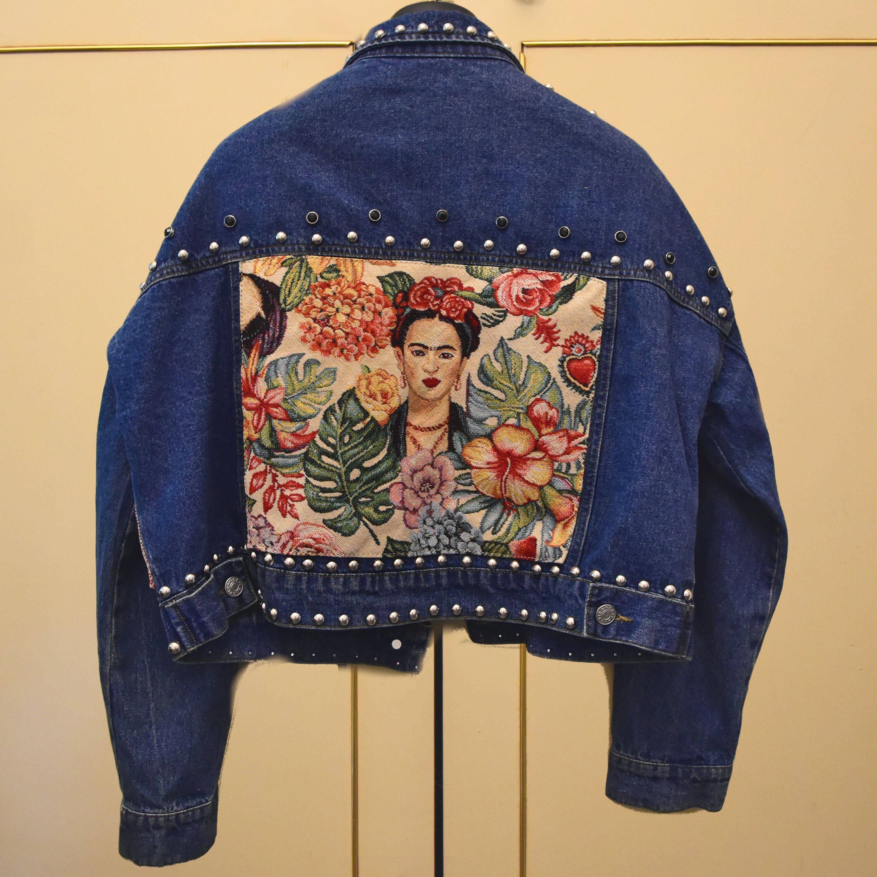 Customized Denim Jacket With Frida Kahlo Portrait and Studs - Handmade ...