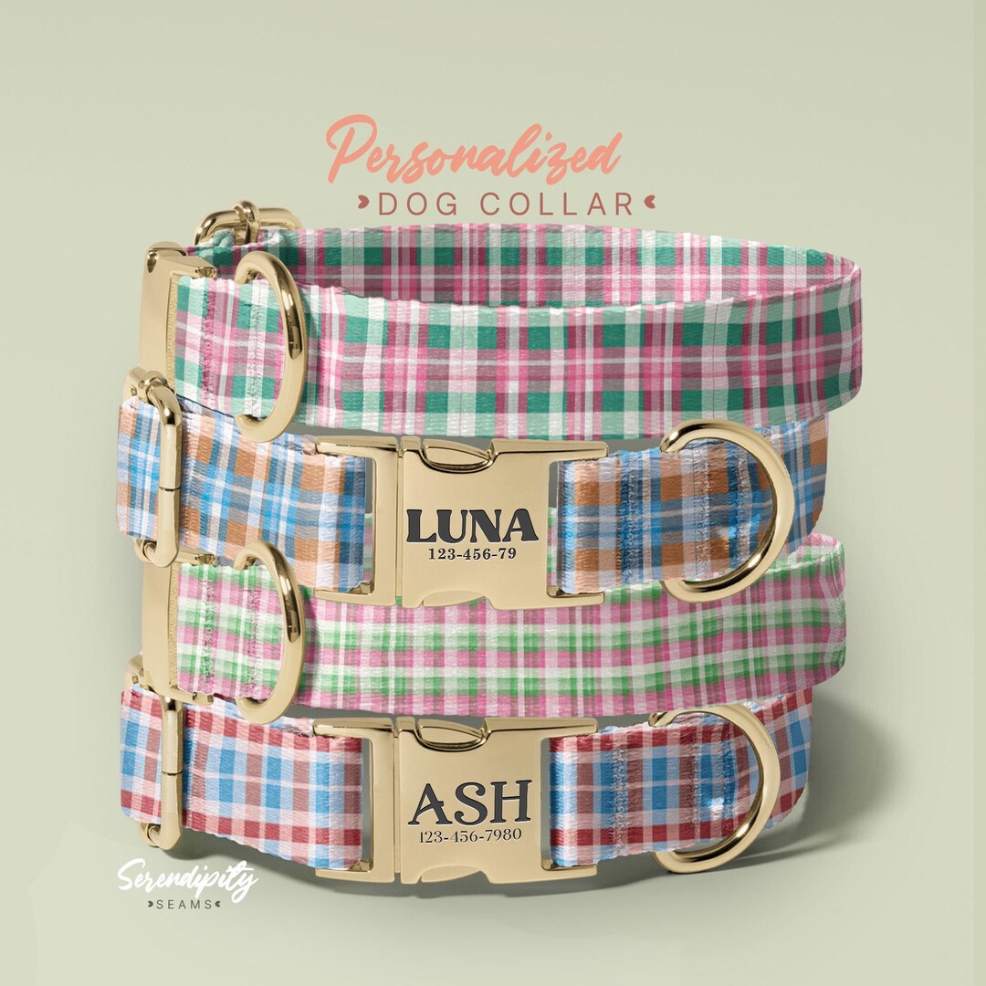 Customized Plaid Dog Collars, Engraved Name on Dog Collar, Checked Dog ...