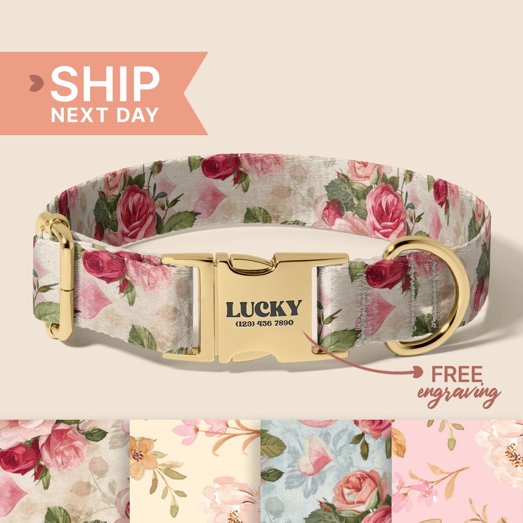 Floral Custom Pet Collar With Leash Set - Custom Engraved Pet Name ...