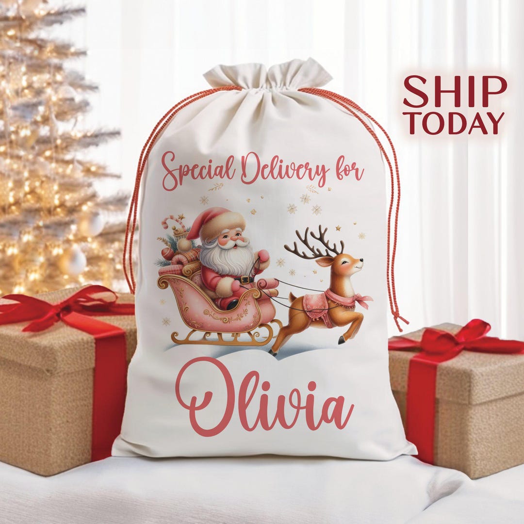 Christmas Gift Bag Santa Sleigh, Personalized Gift Bag, Custom Name ...