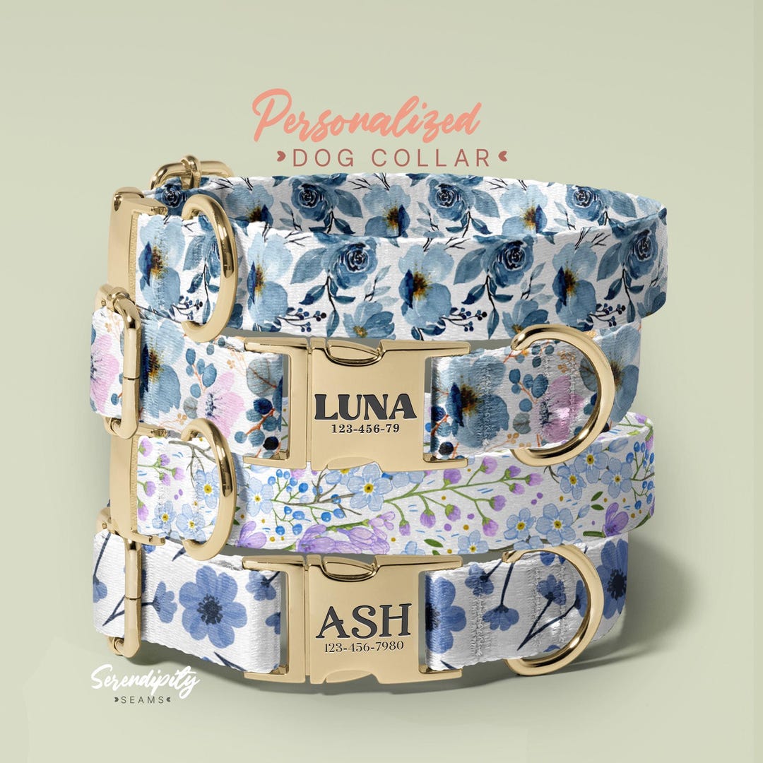 Japanese Floral Personalized Dog Collar Leash Set, Custom Engraved Pet ...