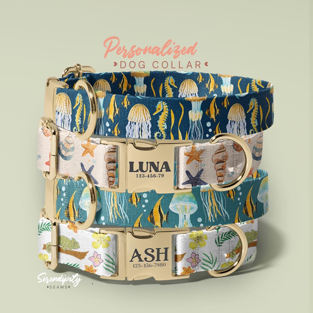 Ocean Theme Personalized Dog Collar With Name Engraving, Custom ...