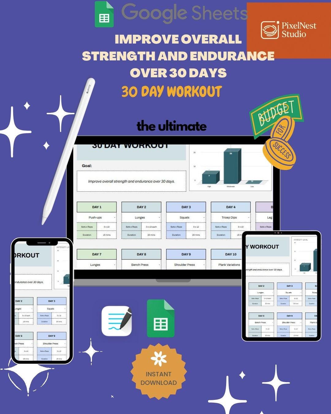 30 Day Workout Challenge Printable | Editable Fitness Planner Google ...