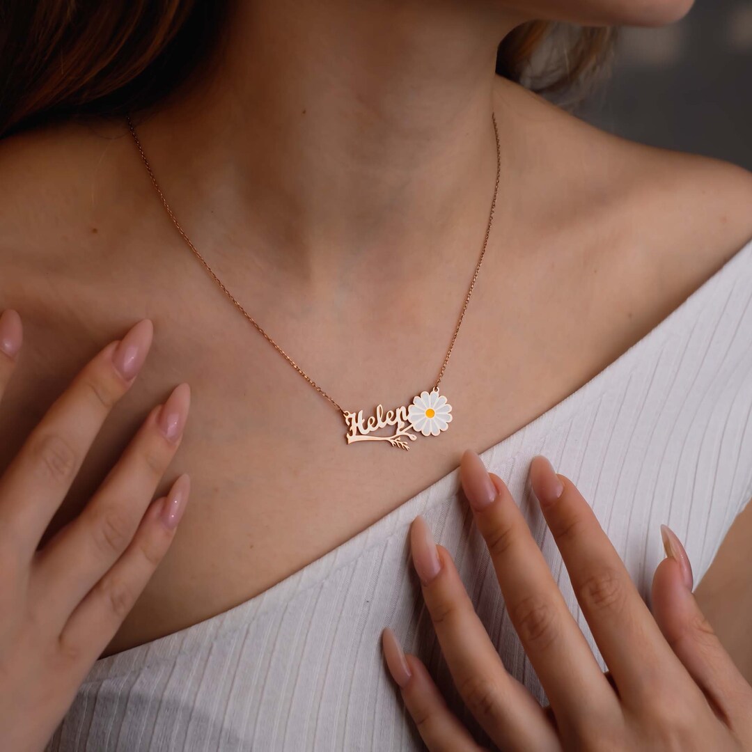 Personalized 14K Solid Gold Daisy Name Necklace, Flower Name Necklace ...