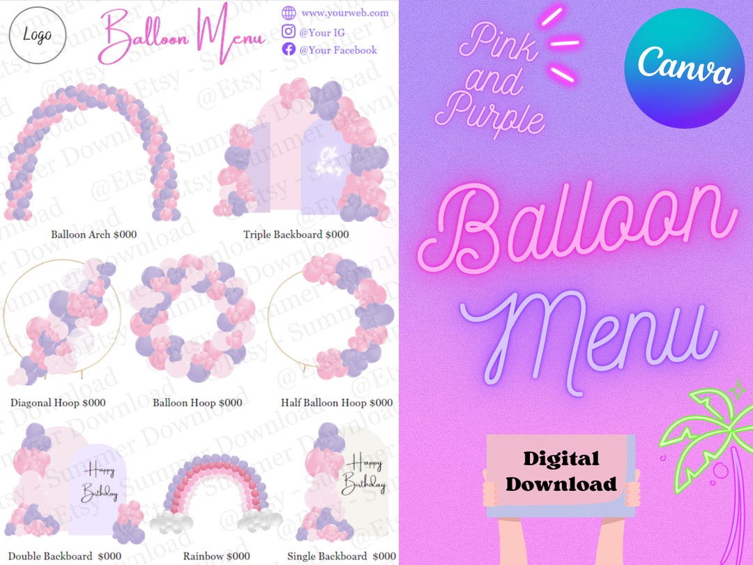 Pink Purple Balloon Menu Template, Editable Pricing Mockup (canva ...
