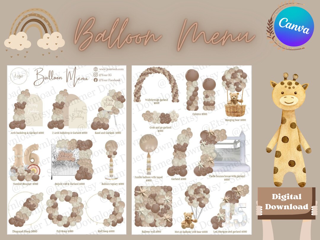 Deluxe Boho Balloon Menu 2 Pages, Balloon Mockup Pricing Menu, Balloon ...