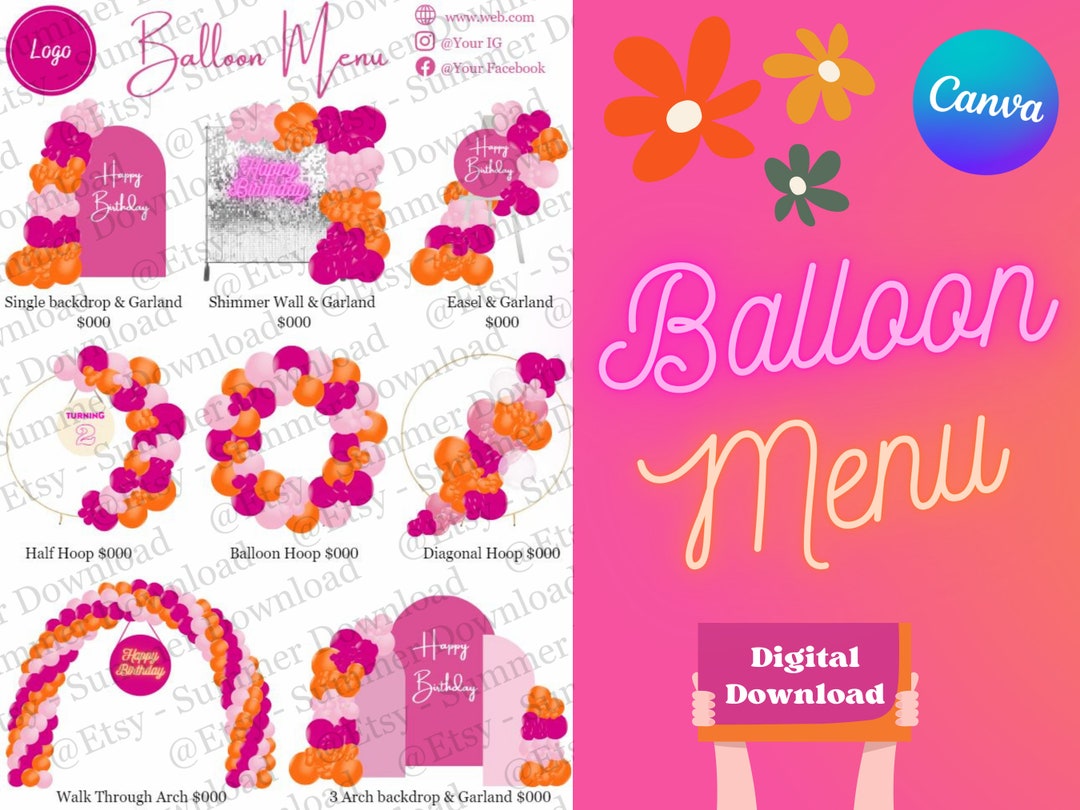 Pink and Orange Balloon Menu, Balloon Mockup Pricing Menu, Balloon Template, Balloon Menu Canva ...