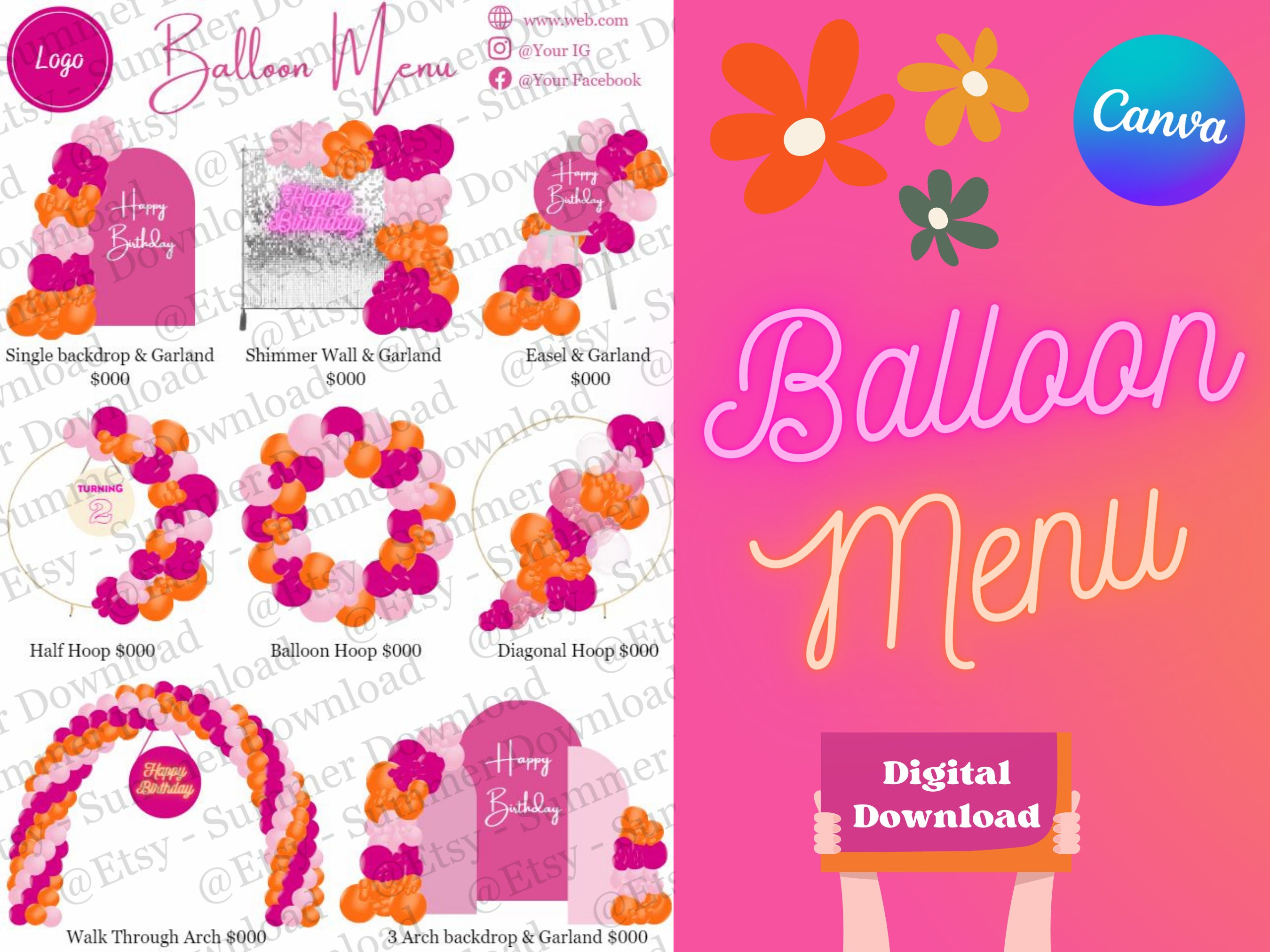 Pink and Orange Balloon Menu, Balloon Mockup Pricing Menu, Balloon ...