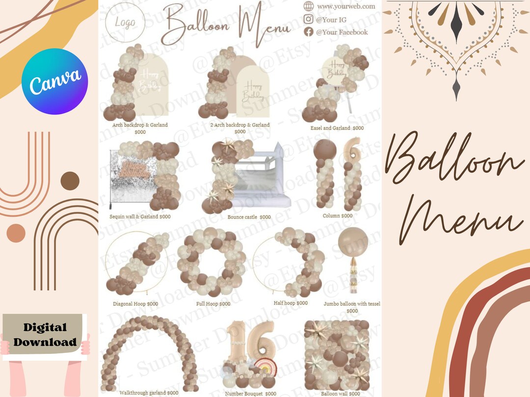 Deluxe Boho Balloon Menu, Balloon Backdrop Mockup Pricing Menu, Balloon ...