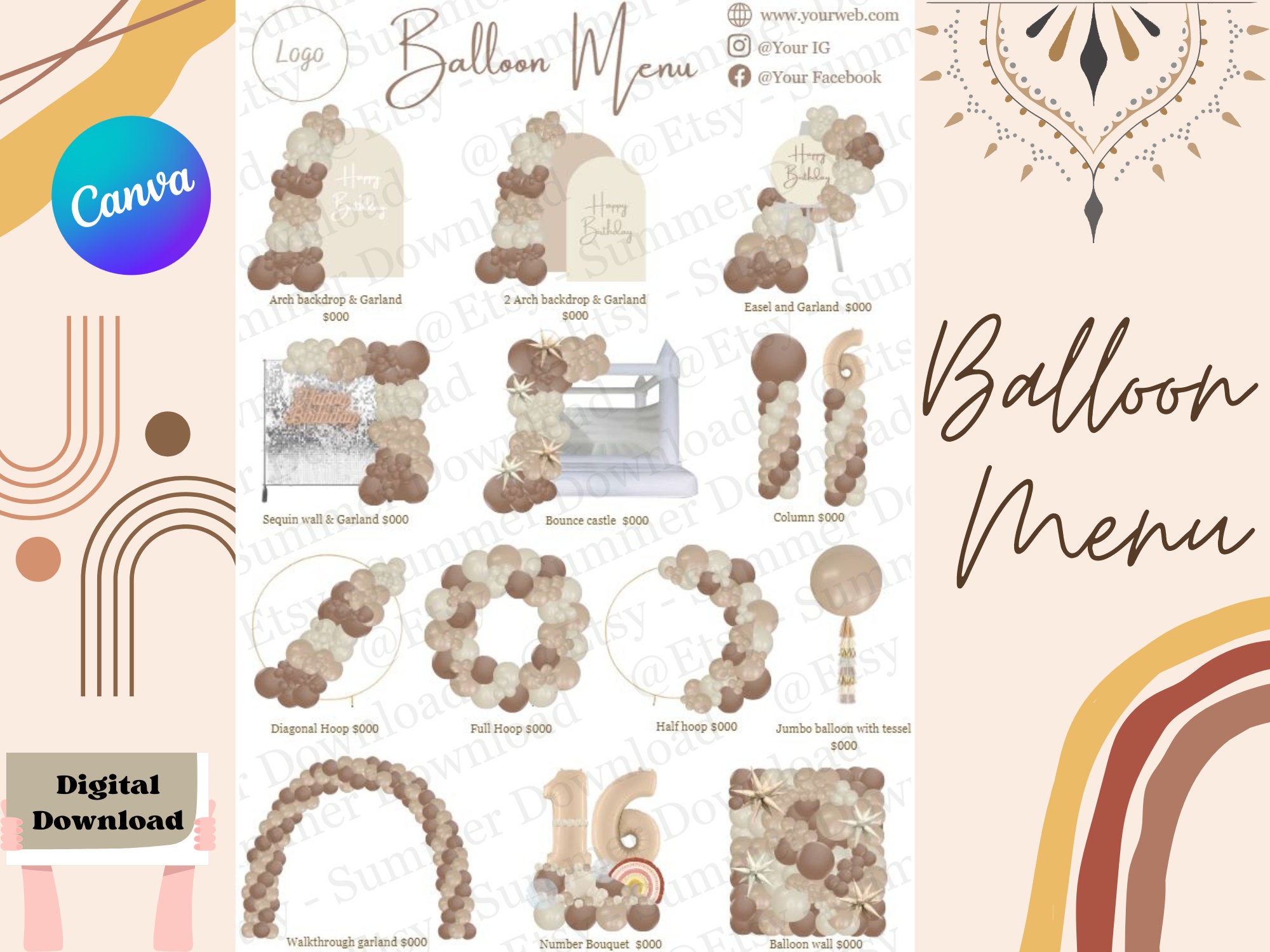 Deluxe Boho Balloon Menu, Balloon Backdrop Mockup Pricing Menu, Balloon ...