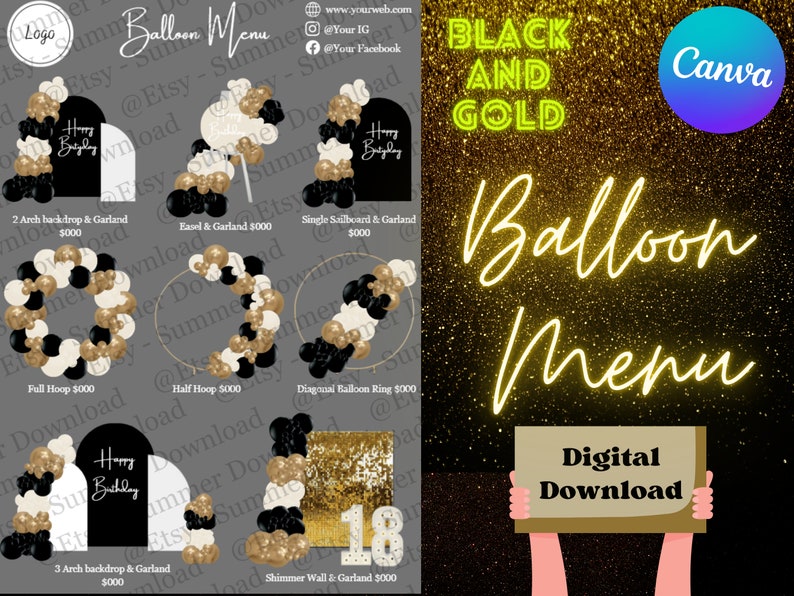 Balloon Menu, Black and Gold Balloon Menu, Balloon Backdrop Mockup ...