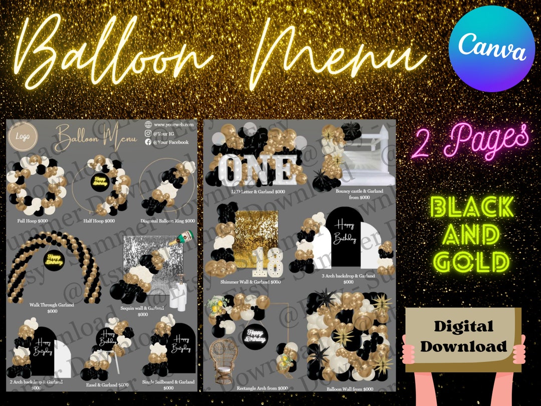 Black and Gold Balloon Menu Template, Canva Editable (digital Download ...