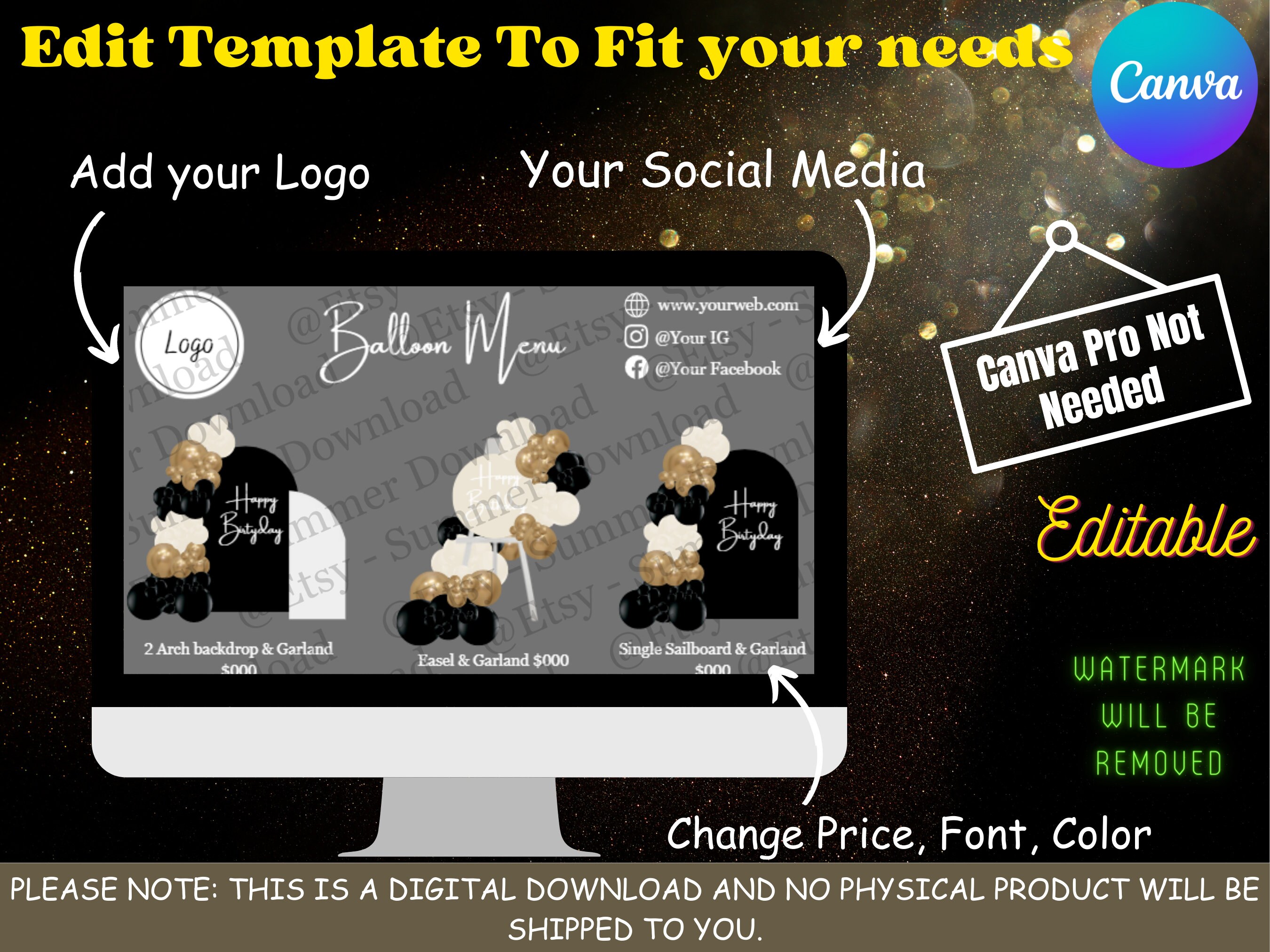 Balloon Menu, Black and Gold Balloon Menu, Balloon Backdrop Mockup ...