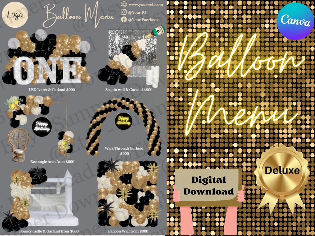 Deluxe Black and Gold Balloon Menu, Balloon Mockup Pricing Menu, Balloon Template, Balloon Menu ...