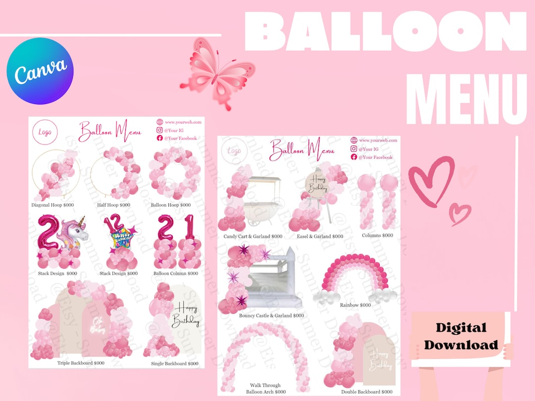 Pink Balloon Menu Template, Editable Pricing Mockup (canva, Digital ...
