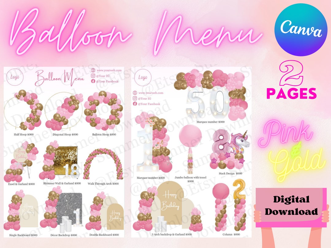 Pink and Gold Balloon Menu Template, Canva Editable (digital Download ...