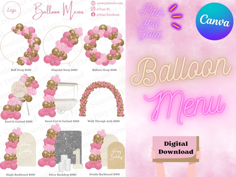 Pink and Gold Balloon Menu, Pink and Gold Balloon Pricing Menu, Balloon ...