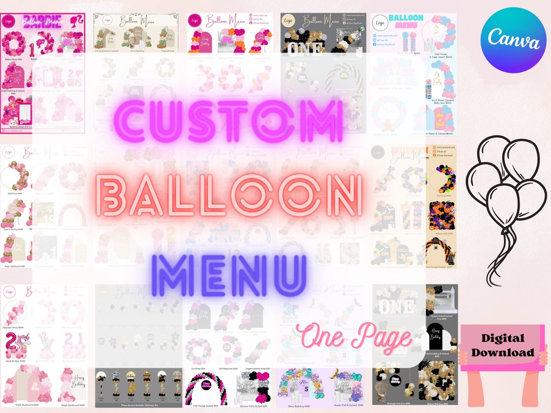 Custom 1 Page Balloon Menu, Balloon Backdrop Mockup Pricing Menu ...