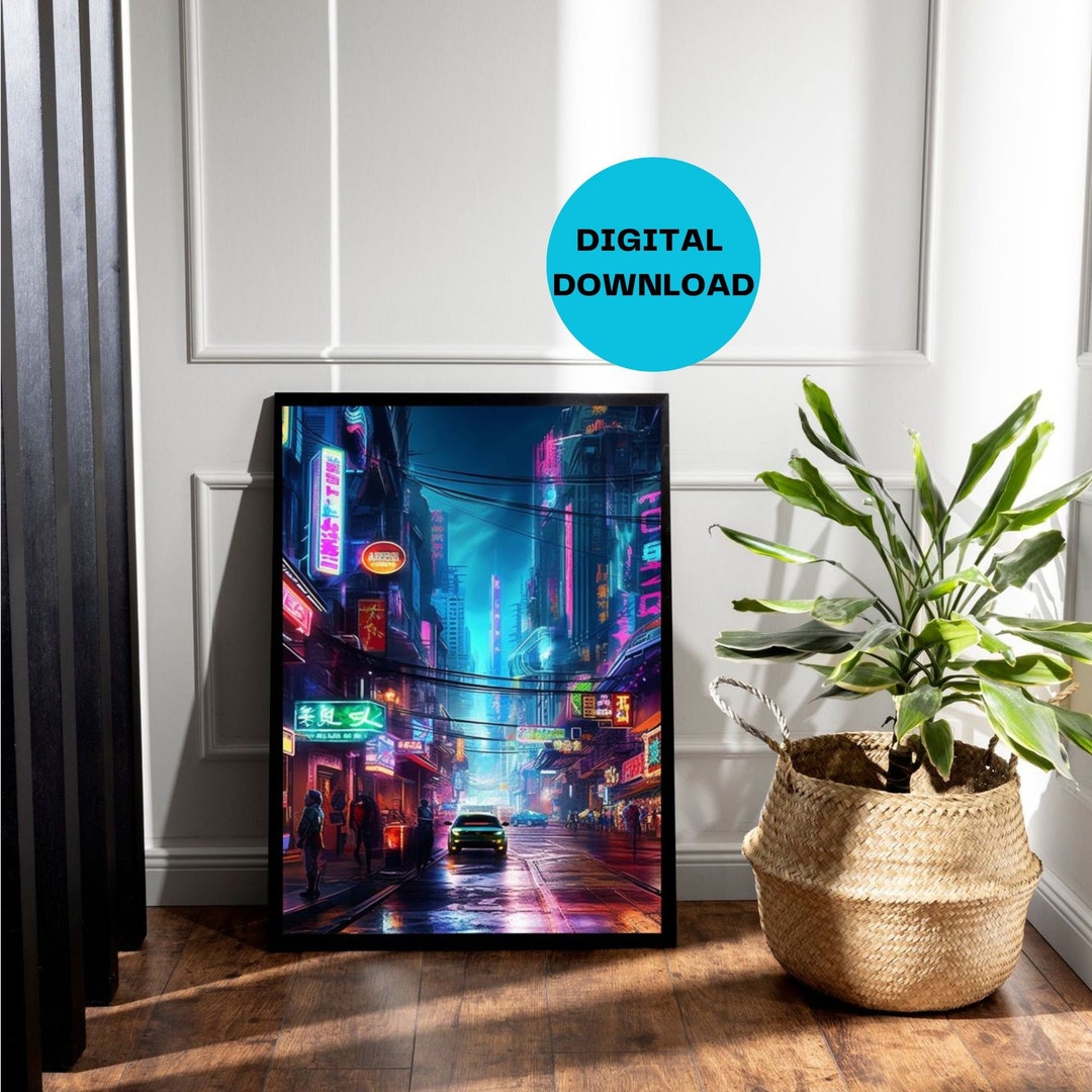 Cyberpunk City Poster, Neo Futuristic Wall Art, Rolled Canvas Print ...