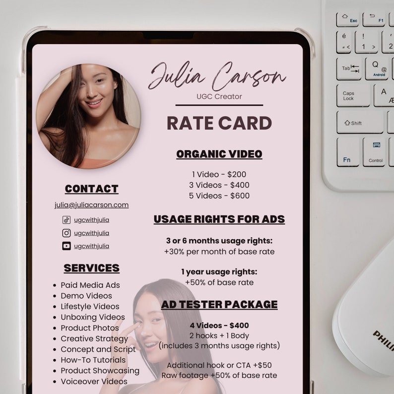 Pink Influencer Rate Card | Rate Sheet | UGC Creator Price List | Price ...