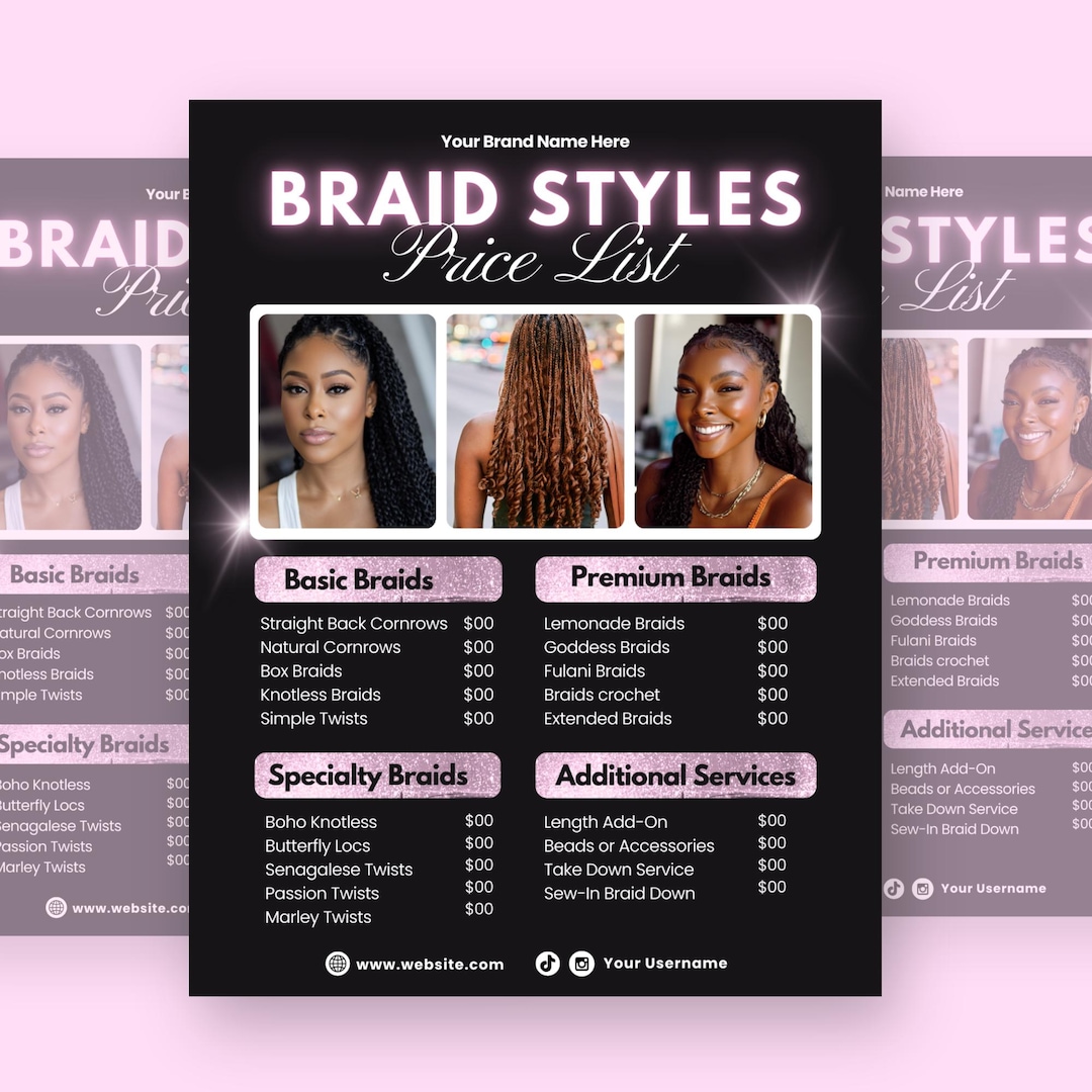 Braids Price List Template: Customizable Hair Salon Pricing Guide, Hair ...