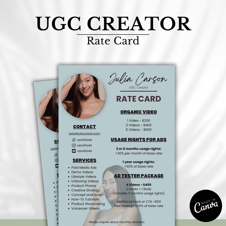 Influencer Rate Card UGC Creator Rate Card Template Price List Template Content Creator UGC ...