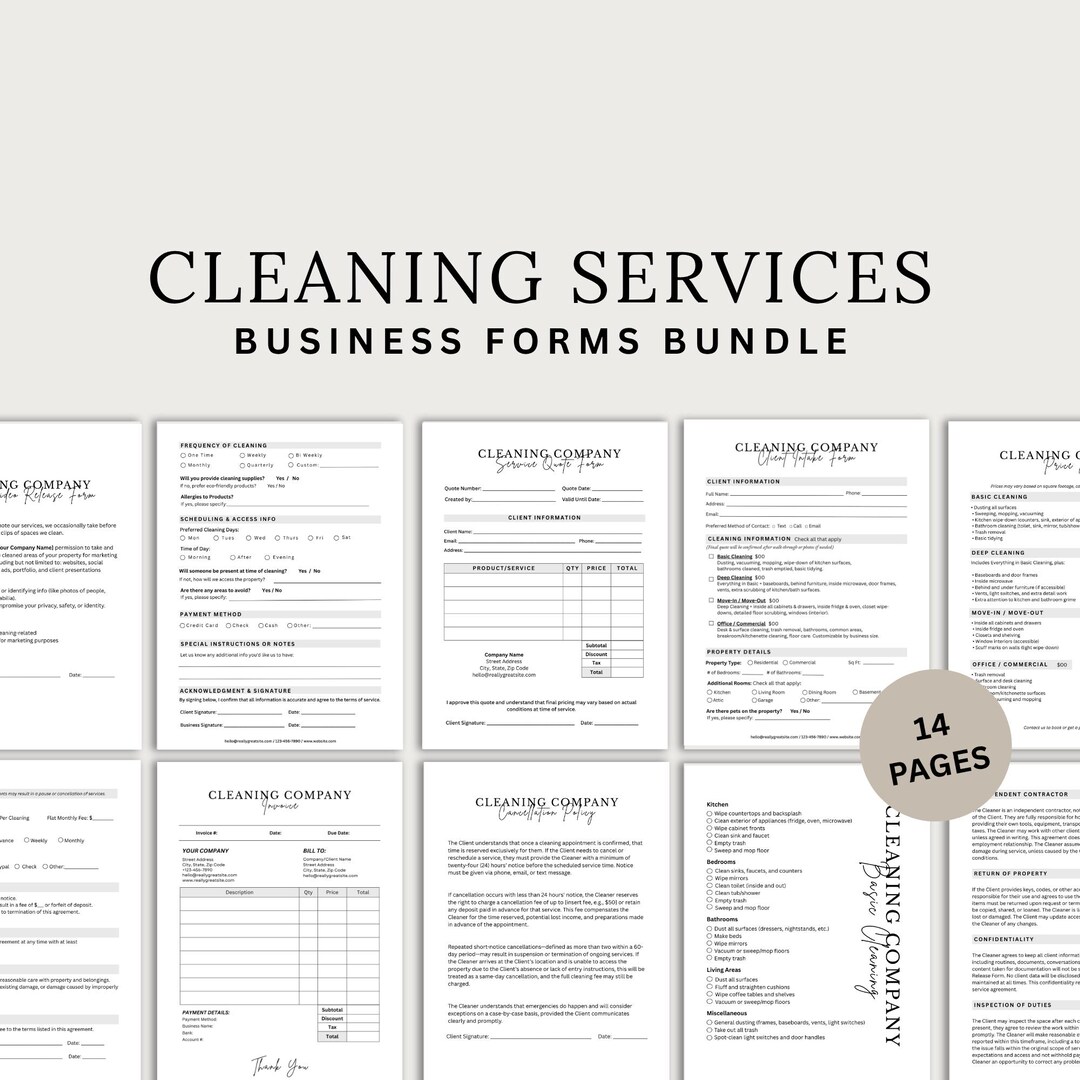 Cleaning Business Forms Bundle: Service Contract, Cleaning Checklist ...