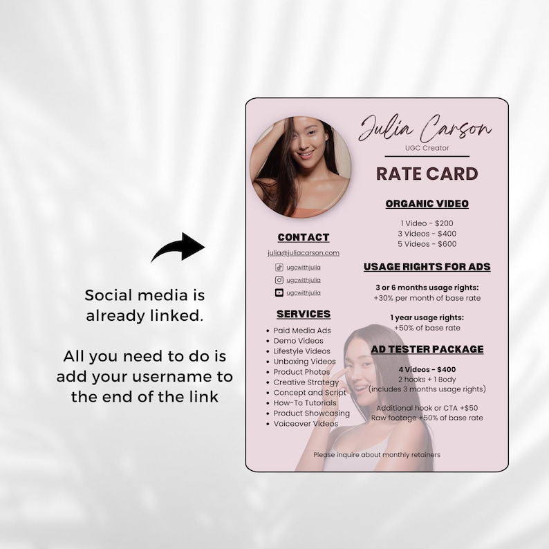 Pink Influencer Rate Card | Rate Sheet | UGC Creator Price List | Price ...