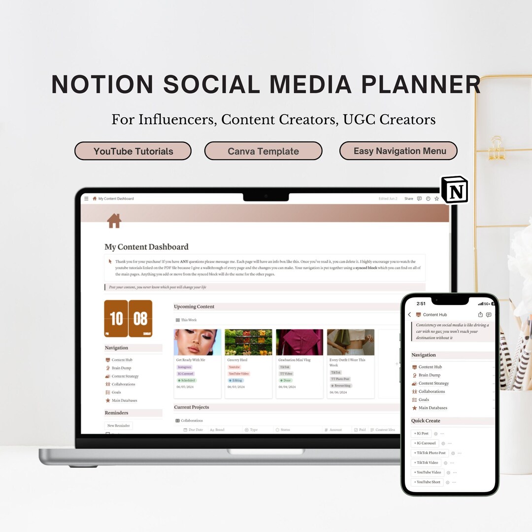 Notion Social Media Planner for Influencers & Content Creators, Notion Content Planner, Notion ...