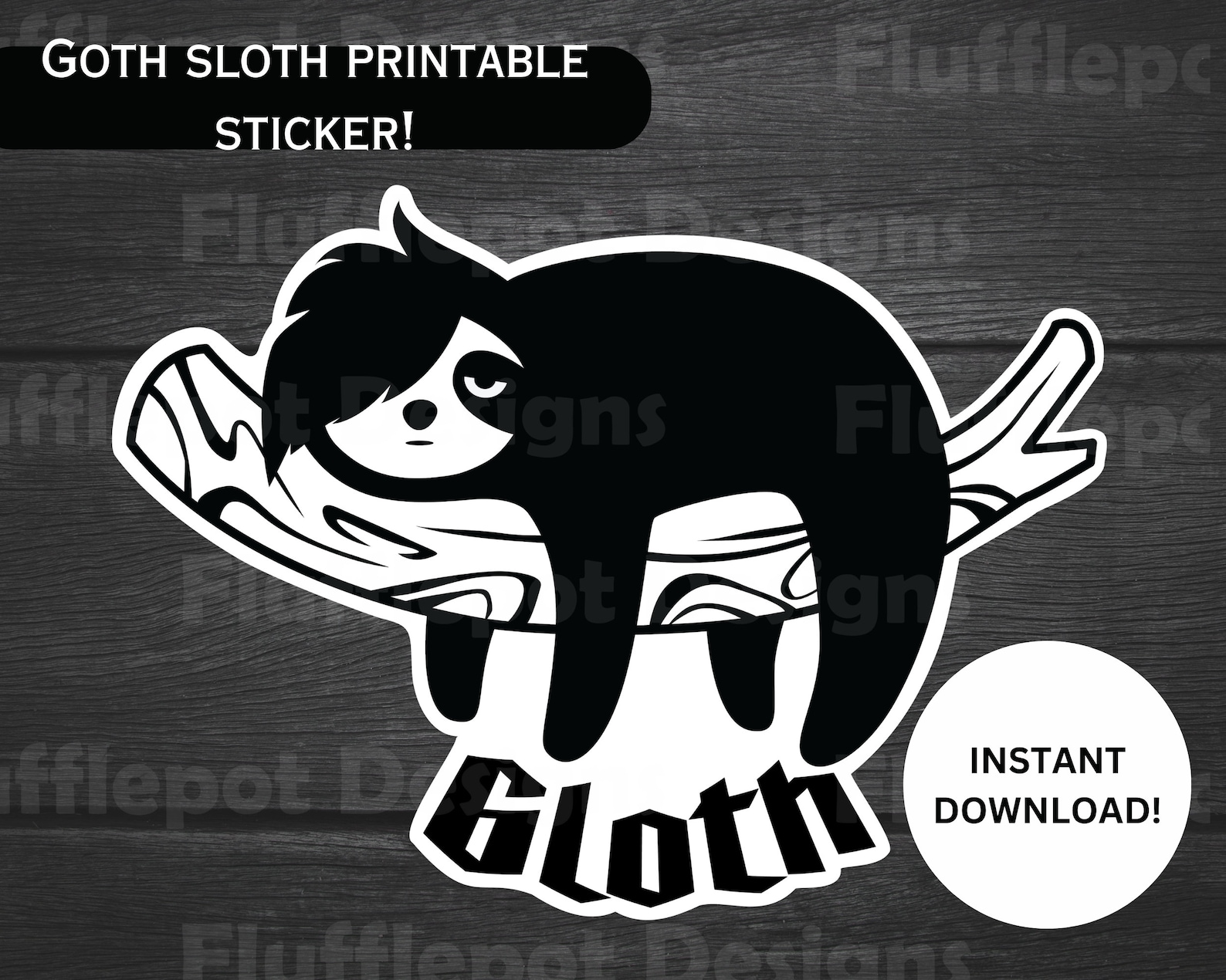 Cute Gothic Sloth Printable Sticker, Hi-res PNG, Instant Download ...