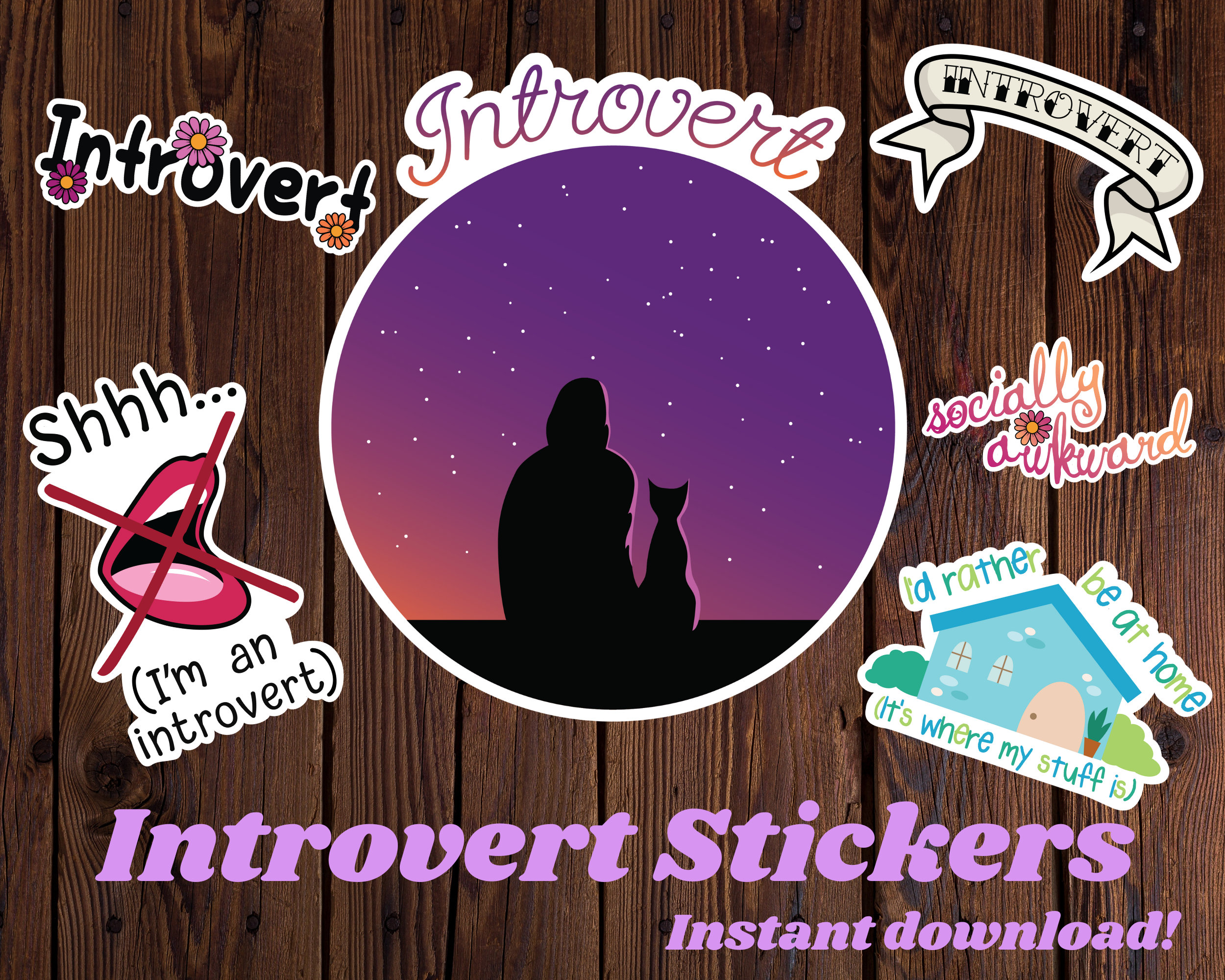 Cute Introvert Printable Stickers, PNG, Instant Download, Socially ...