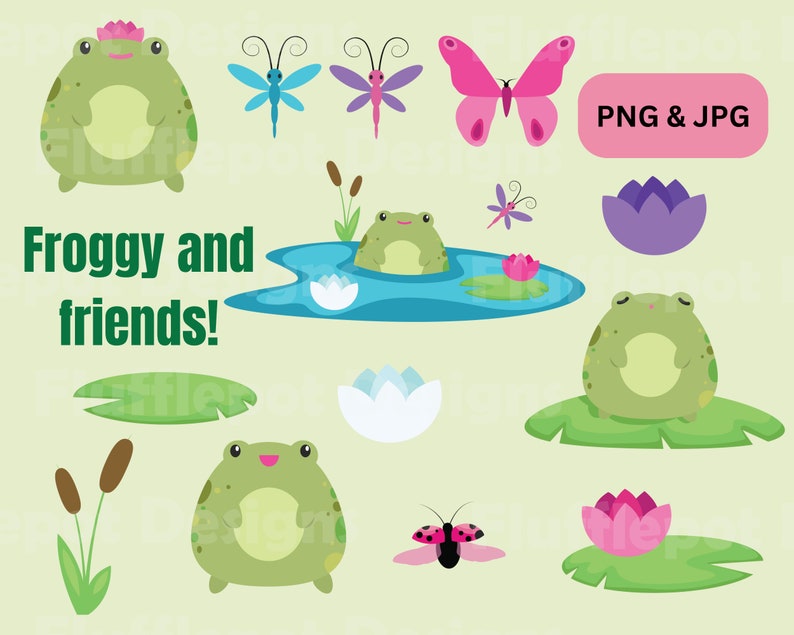 Frog Pond Clipart Pngs Cute Frog Clipart Swamp Lotus - Etsy