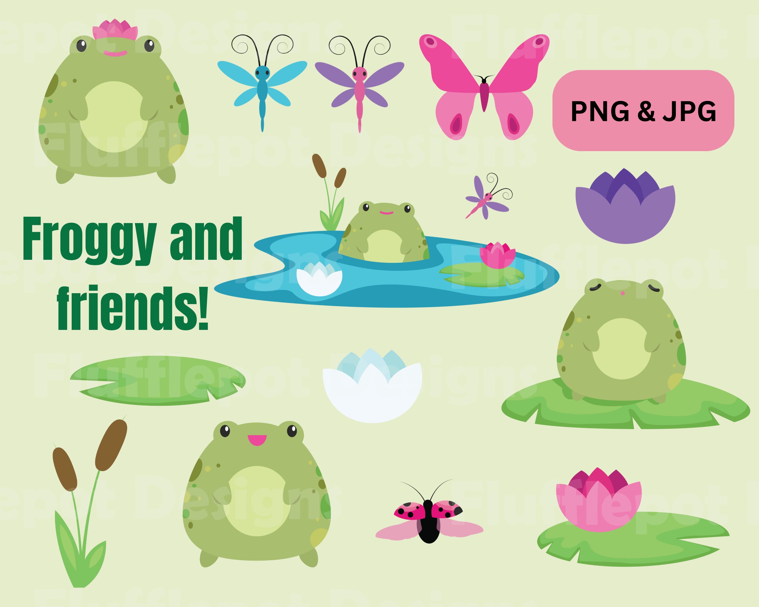 Frog Pond Clipart, Pngs, Cute Frog Clipart, Swamp Lotus Flower, Lilypad ...
