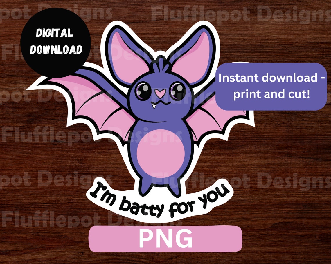 Cute Bat Printable Sticker, Hi-res PNG Bat Downloadable, Instant ...