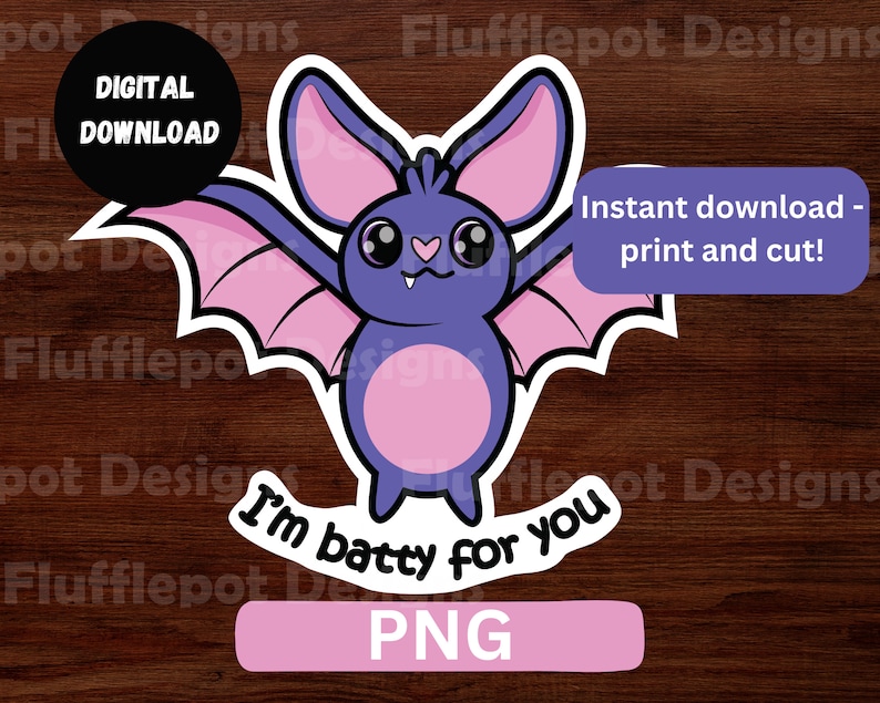 Cute Bat Printable Sticker, Hi-res PNG Bat Downloadable, Instant ...