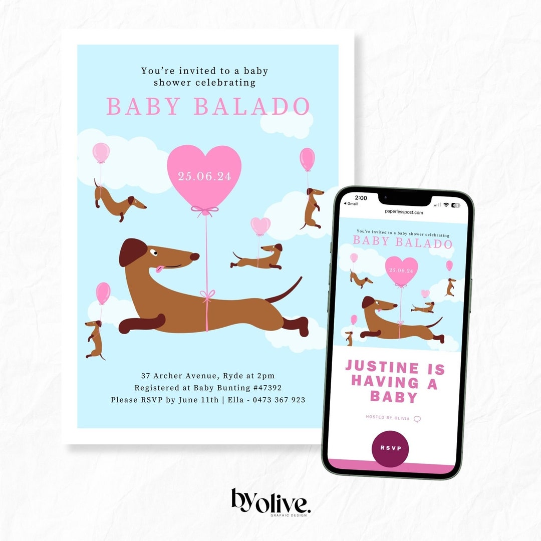 Pink Dachshund With Balloons - Digital Baby Shower Invitation ...