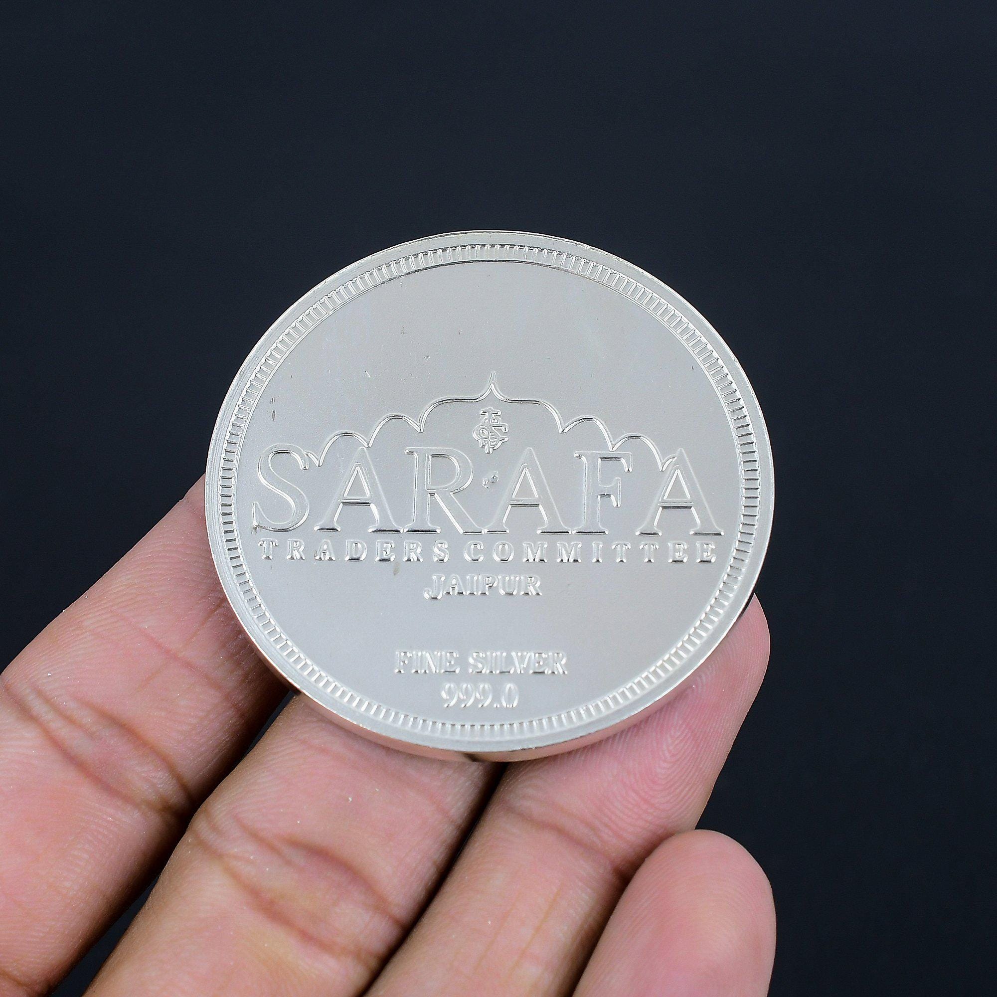 SARAFA Pure Silver Coin Laxmi Ji & Ganesh Ji Round Shaped 50 Gram Coin ...