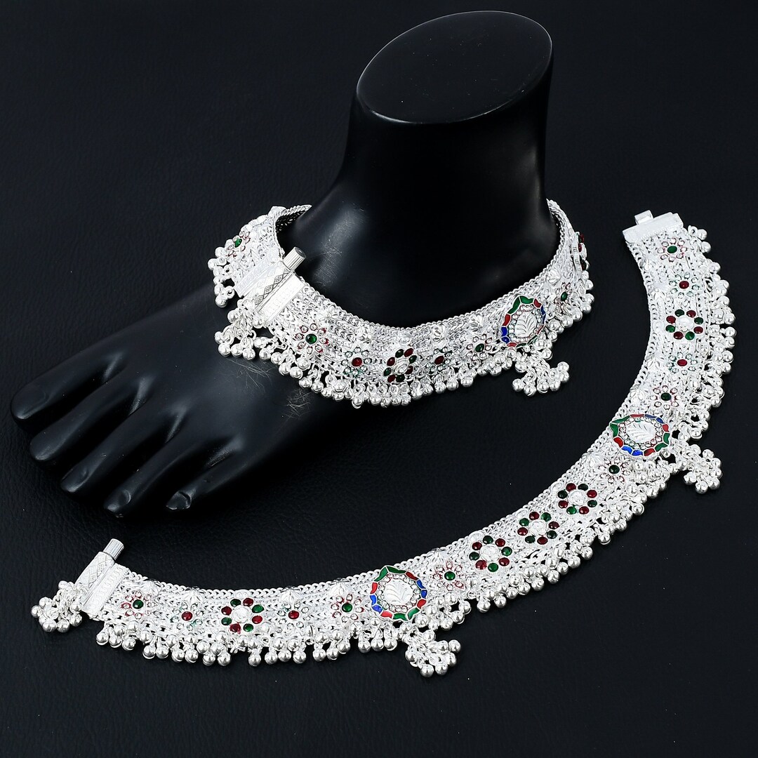 Handmade Beautiful Pure Silver Indian Bridal Anklet Pair Rajasthani ...