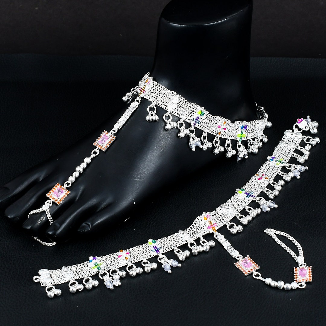Indian Bridal Payal Pure Silver Anklet With Toe Ring Rajasthani Payal ...