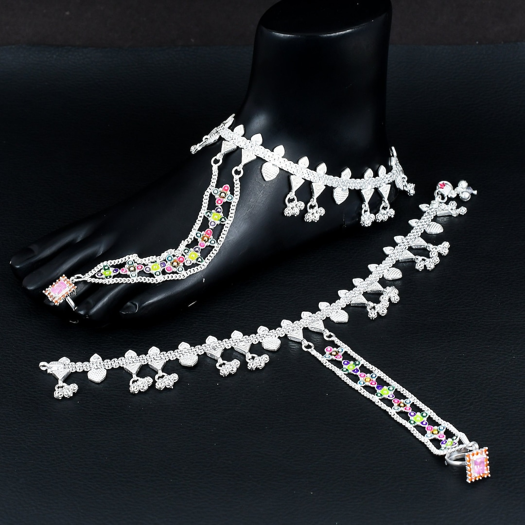Indian Bridal Payal Pure Silver Anklet With Toe Ring Rajasthani Payal ...