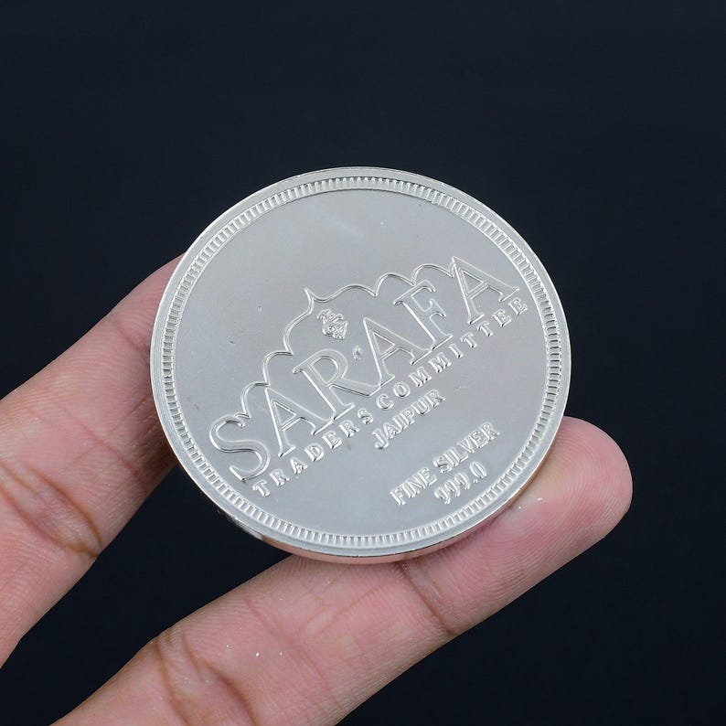 SARAFA Pure Silver Coin Laxmi Ji & Ganesh Ji Round Shaped 50 Gram Coin ...