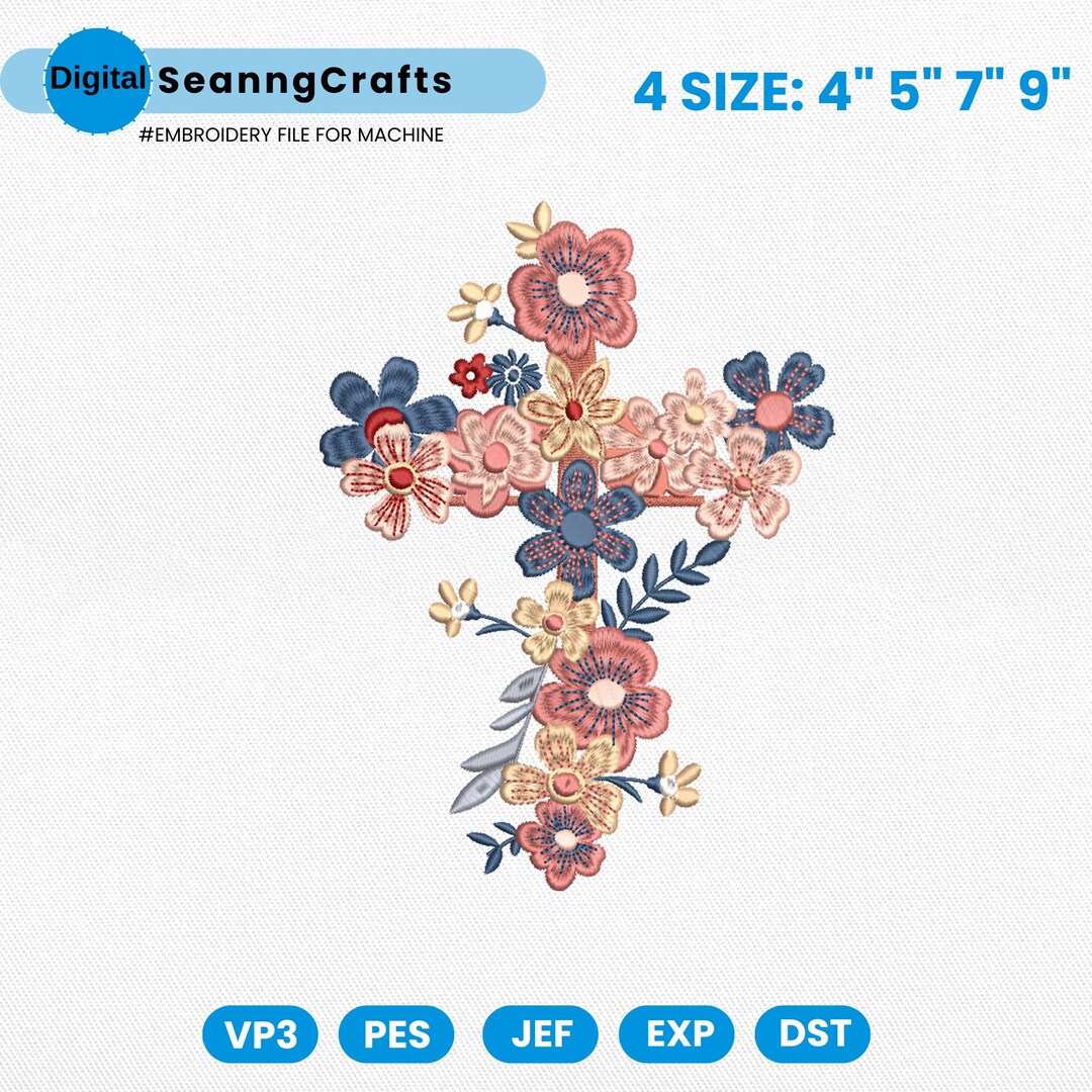 Floral Cross Easter Machine Embroidery Design, He is Risen, Christian ...