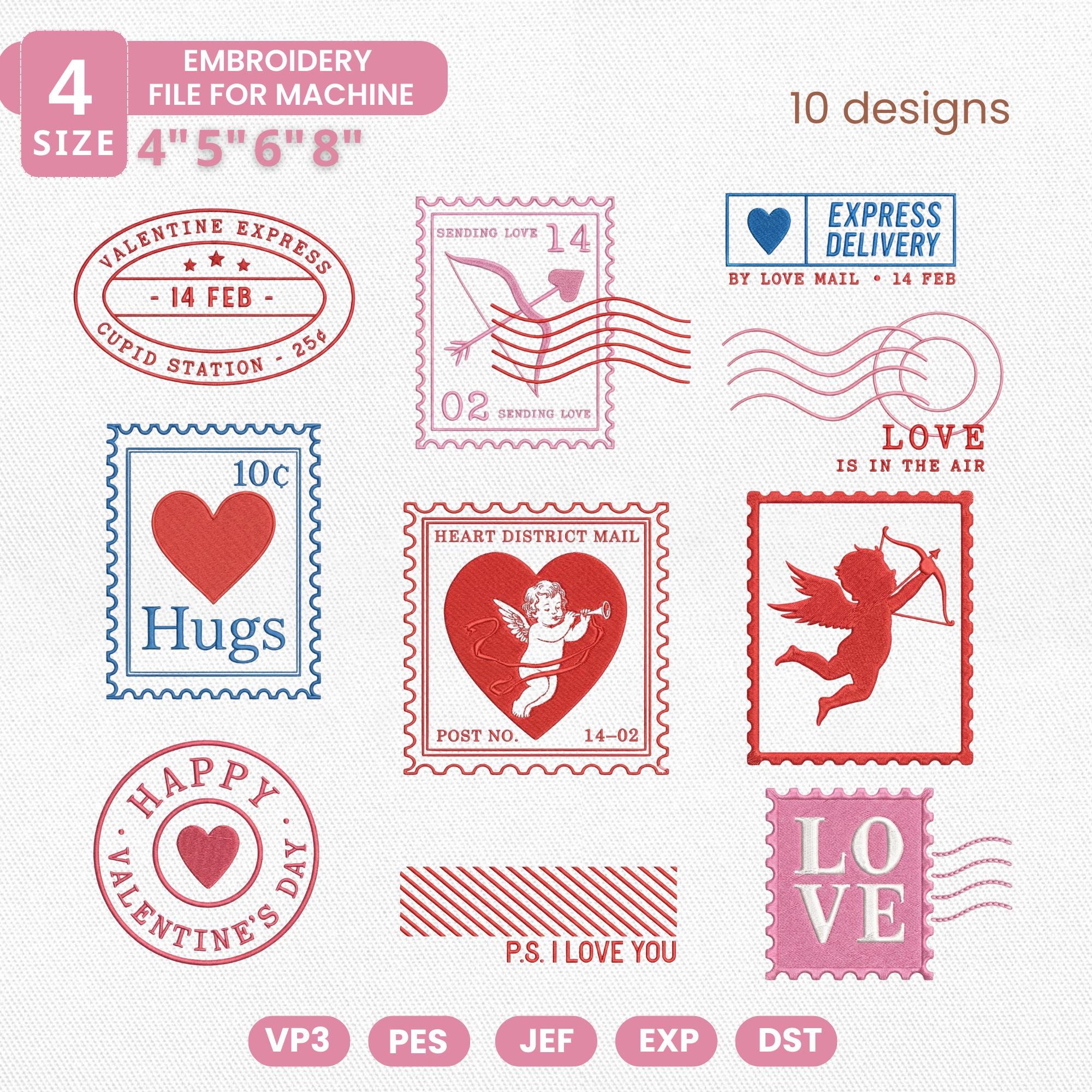 Valentine Coquette Postage Stamp Embroidery File, Romantic Love Mail ...