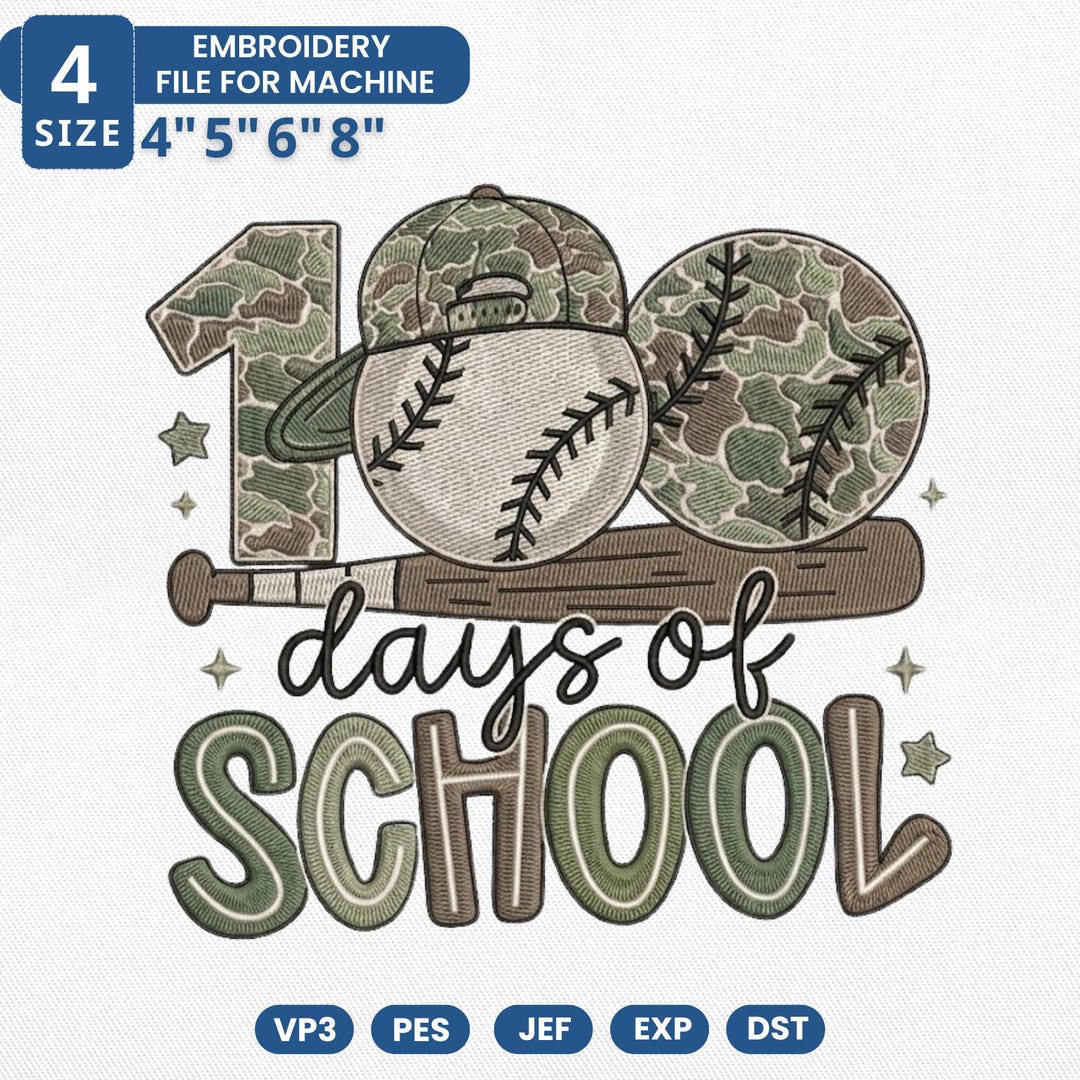 100 Days of School Baseball Camo Embroidery File, Funny Boys Kids 100 ...