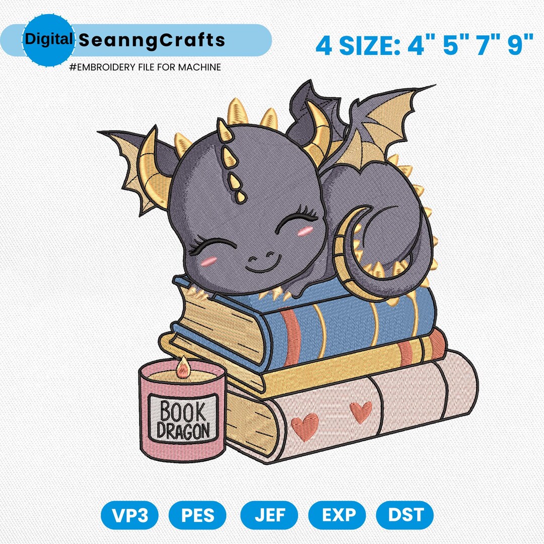 Dragon Book Embroidery Design, Fantasy Book Reader Embroidery File ...