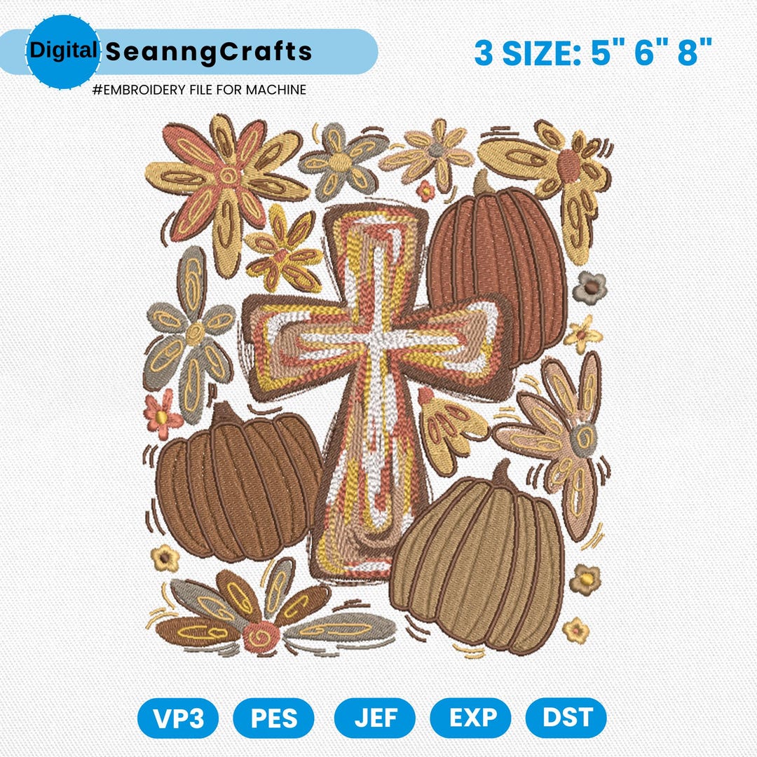 Retro Fall Cross Embroidery Design, Boho Floral Christian Embroidery ...