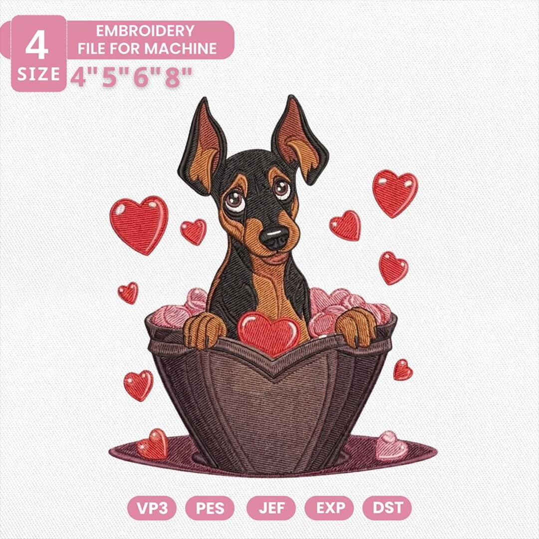 Valentine Doberman Pinscher Embroidery File, Doberman in Heart Basket ...
