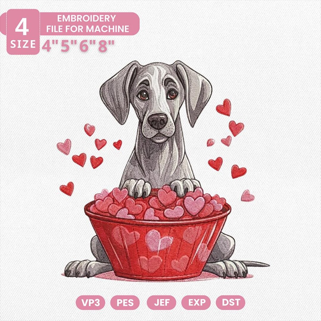 Valentine Great Dane Embroidery File, Great Dane in Heart Basket ...