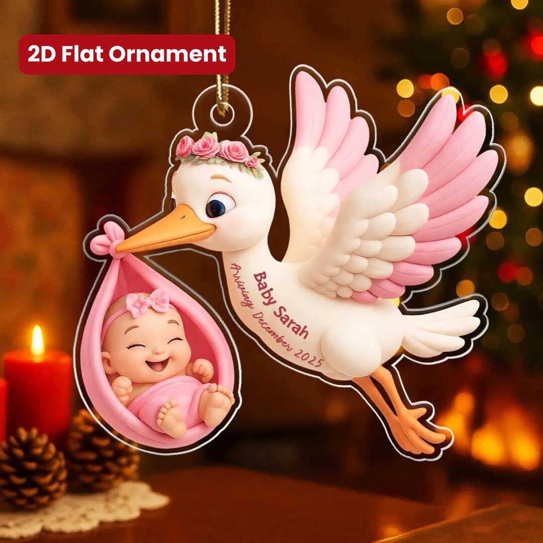 Personalized Cute Stork and Baby 2D Flat Ornament, Custom Acrylic ...